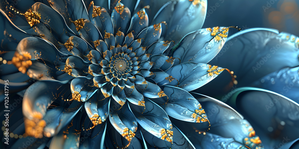 Beautiful abstract blue flower with gold veins and pollen, petals ...
