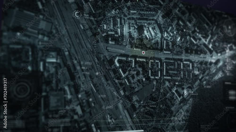 Vidéo Stock Military satellite radar is scanning the urban area of the ...