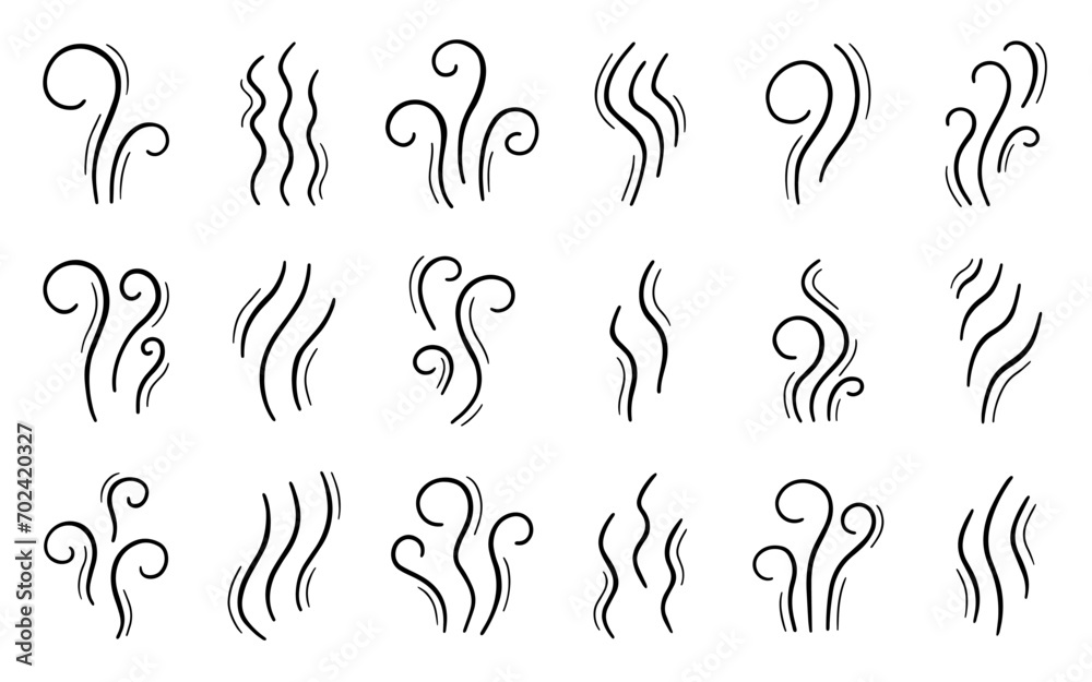 Fire steam doodle set. Line smoke, aroma, smell, waves from food and ...
