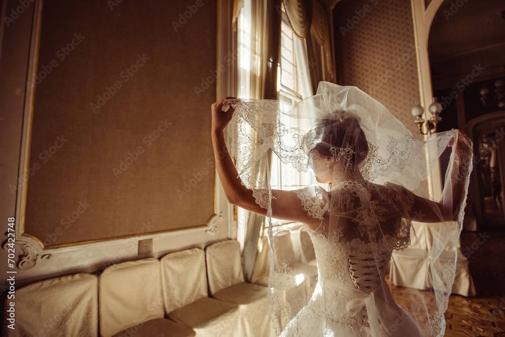 Beauty portrait of bride wearing fashion wedding dress with feathers ...
