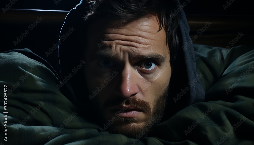 Tossing and turning restless insomnia person in bed with open eyes and ...