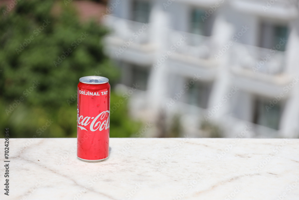 ANTALYA, TURKEY - MAY 18, 2021 Can of Coca Cola on bar desk, close up ...