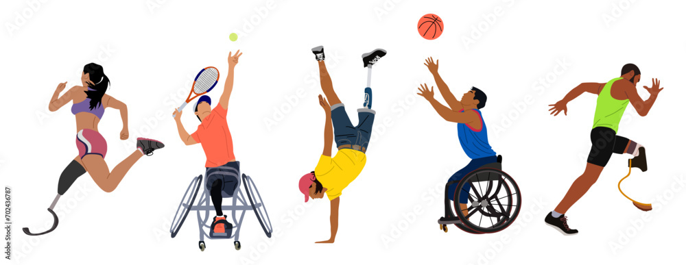 Set of diverse sport people with disabilities. Athletes with prosthetic ...