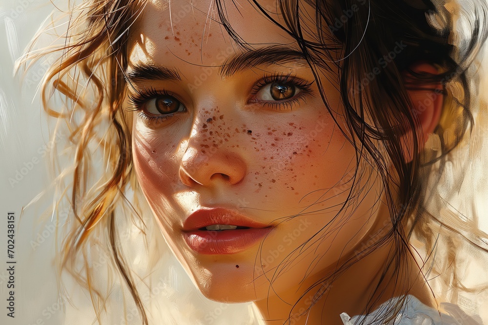 This image is a hyper-realistic digital portrait of a young woman with ...