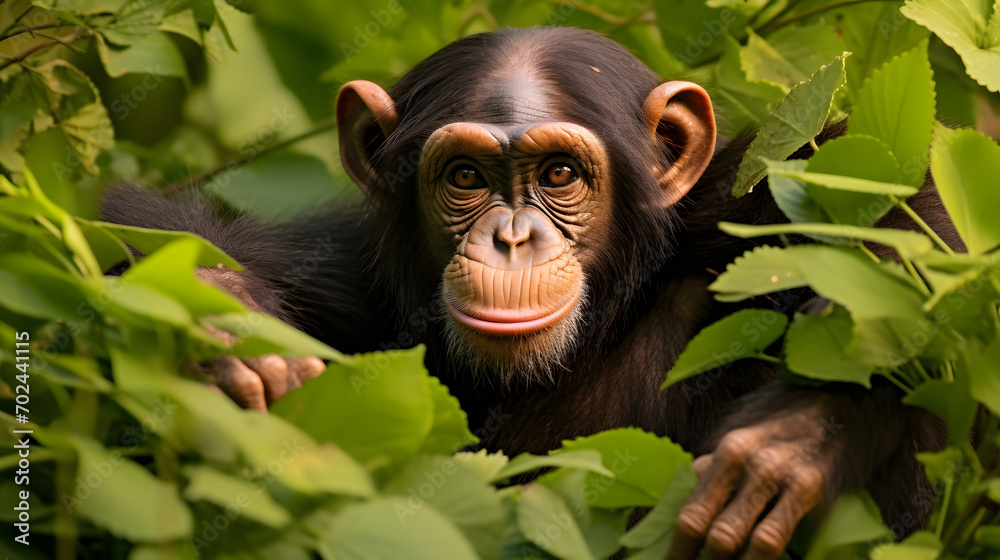 Chimpanzee in African jungle, animal background, natural habitat ...