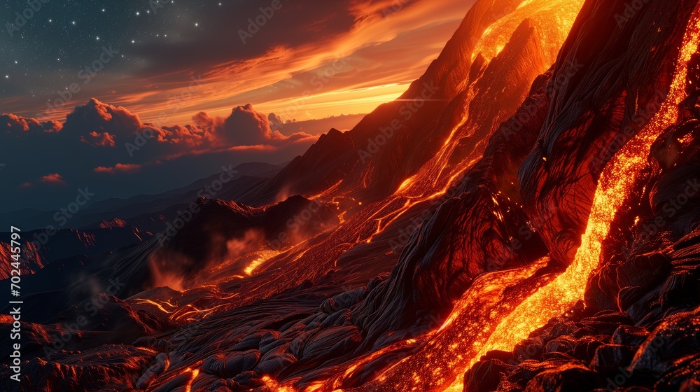 Volcanic Molten lava flows down a rugged mountainside, casting an ...