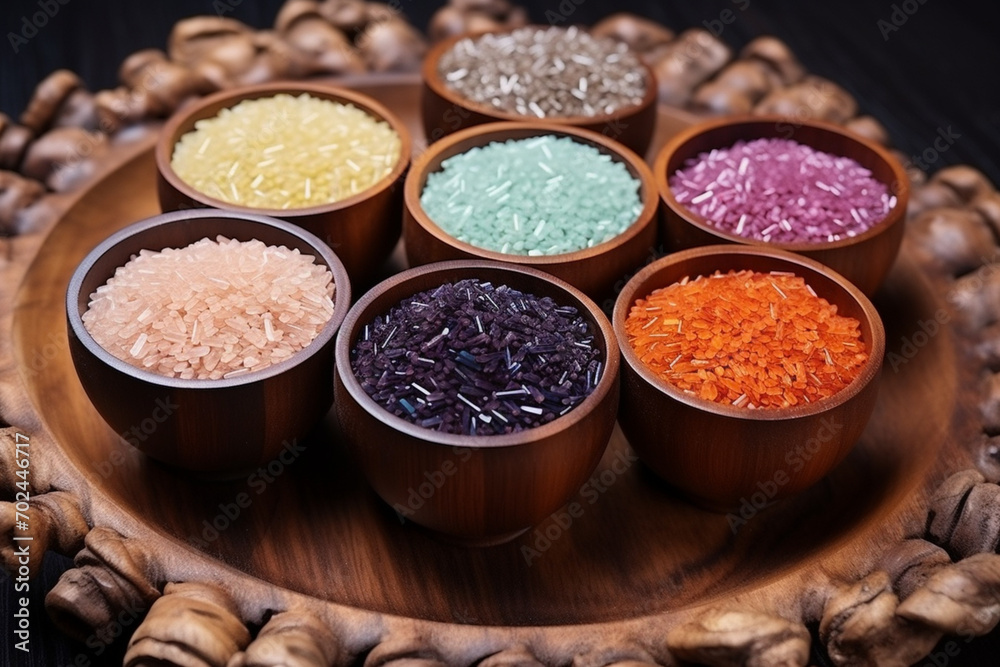Different colored rice grains were placed in a wooden cup and placed on ...
