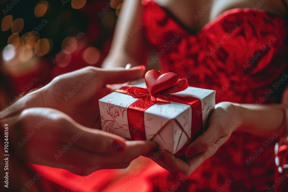 Two people sharing a heartfelt moment as a woman in a red dress ...