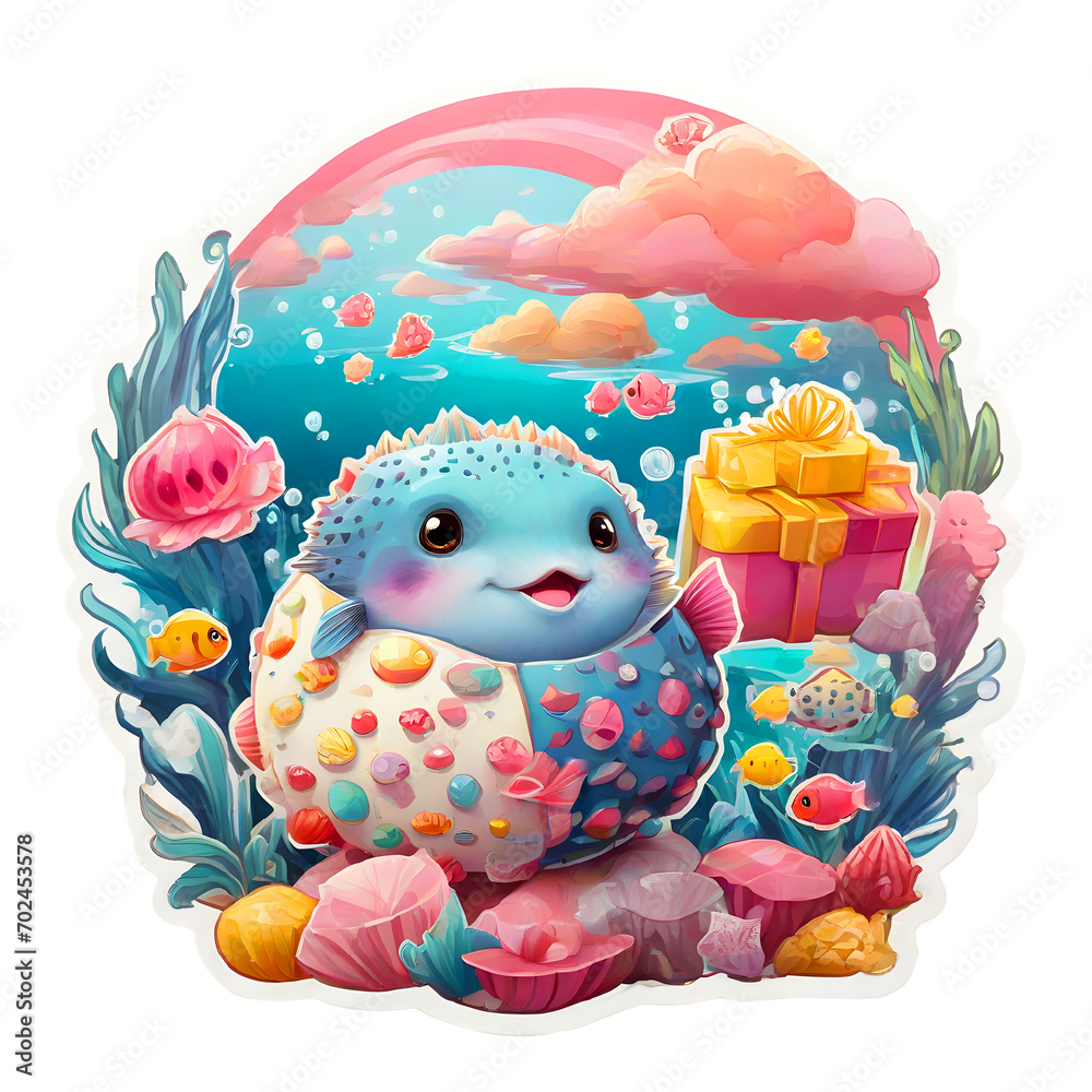 Watercolor sticker cute Fugu fish with gift boxes, japanese poison ...