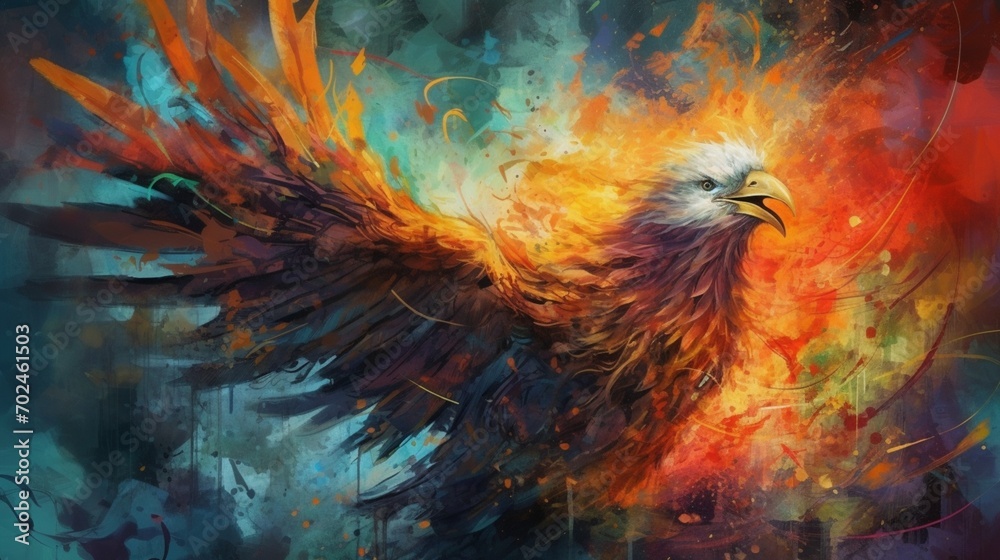 abstract background, Picture a mythical tableau of a phoenix, embodied ...