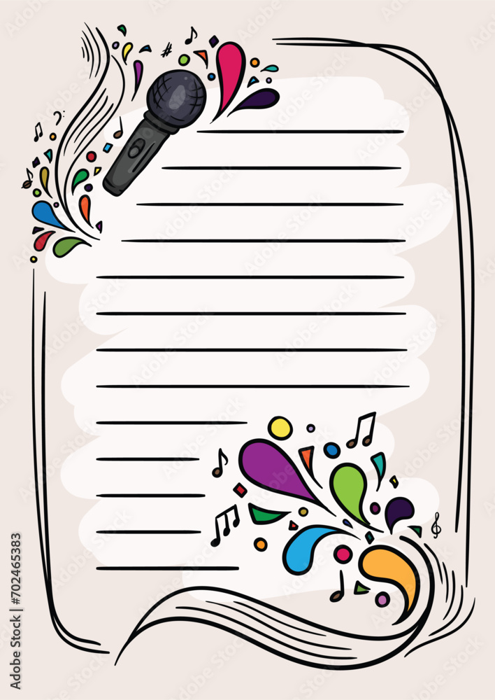 Colorful notebook page with musical elements and notes and bright ...