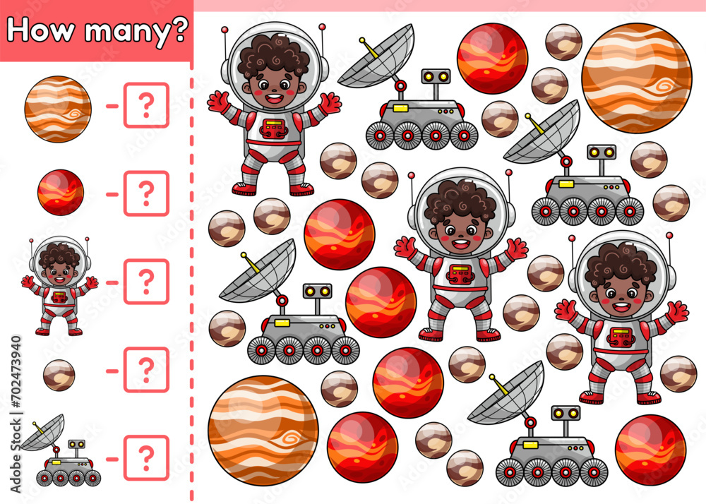 Kids space math game. How many. Count cartoon planets Mars, Jupiter ...