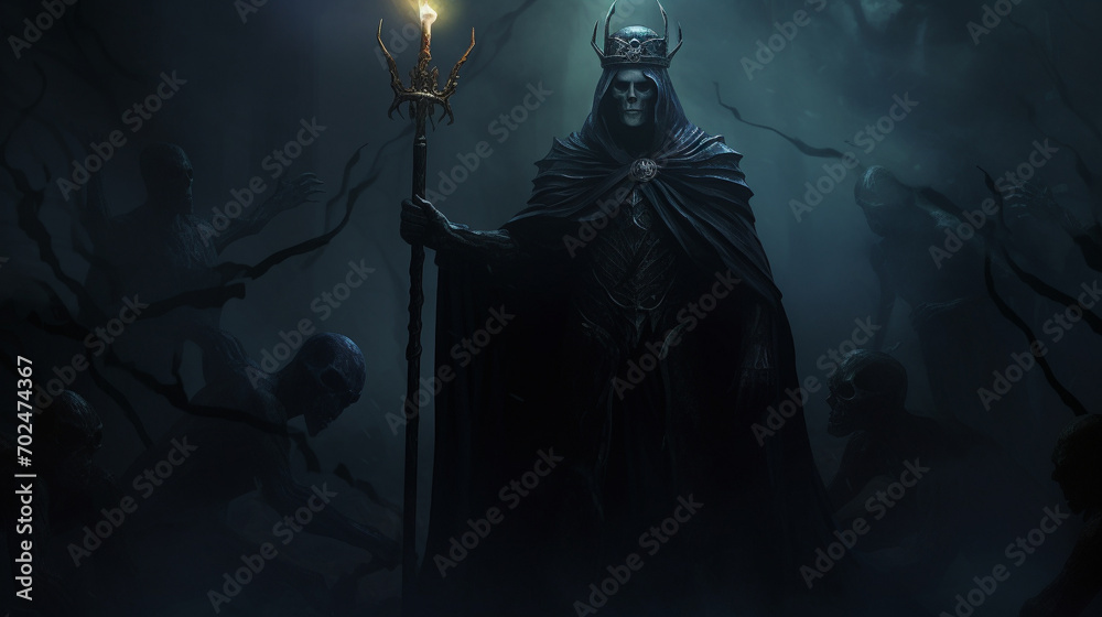 mysterious underworld ruler akin to Hades, in a dark realm with ghostly ...