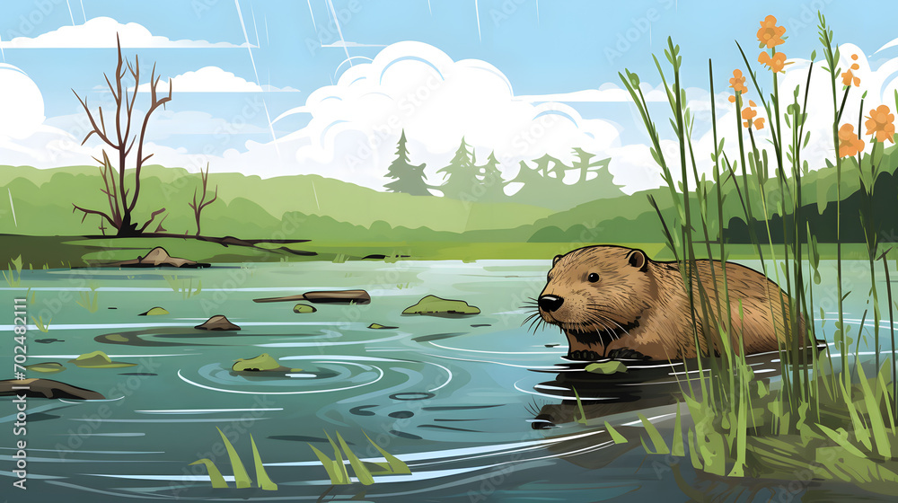 Beaver in freshwater ecosystems, illustrated background, animal ...