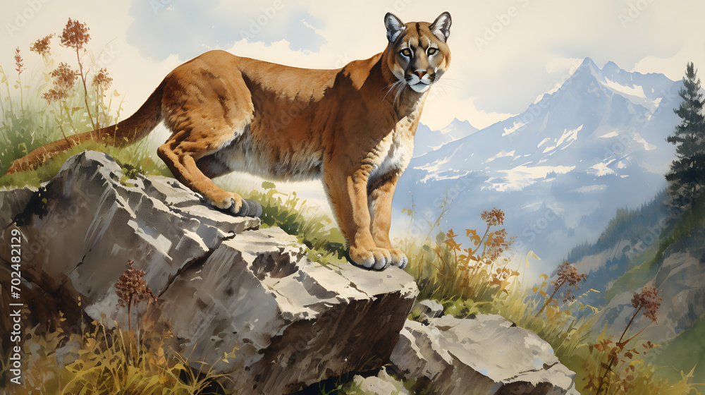 Puma in mountainous regions, illustrated background, animal background ...