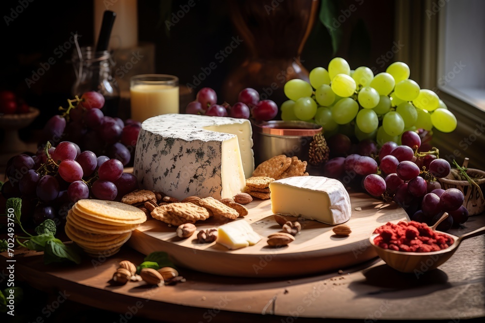 A gourmet display of a large Jarlsberg cheese wheel, alongside a ...