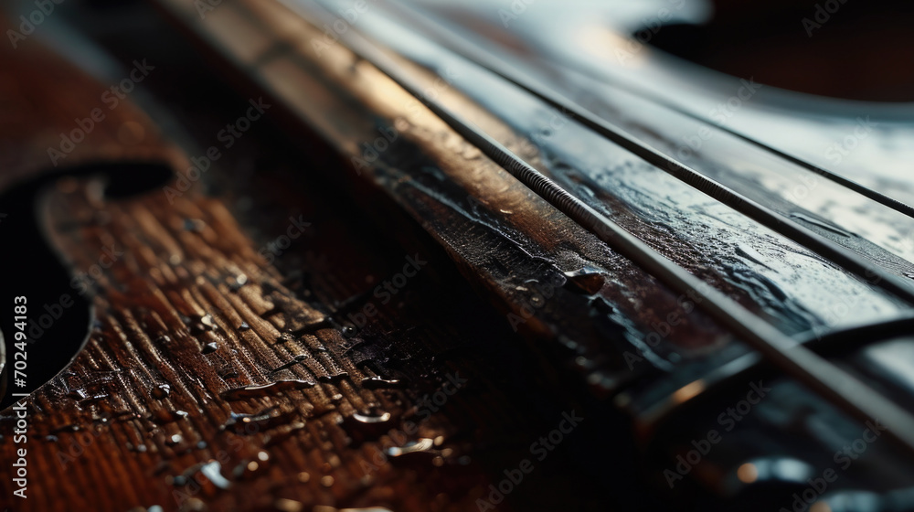 A detailed close-up of a violin placed on a table. This image can be ...