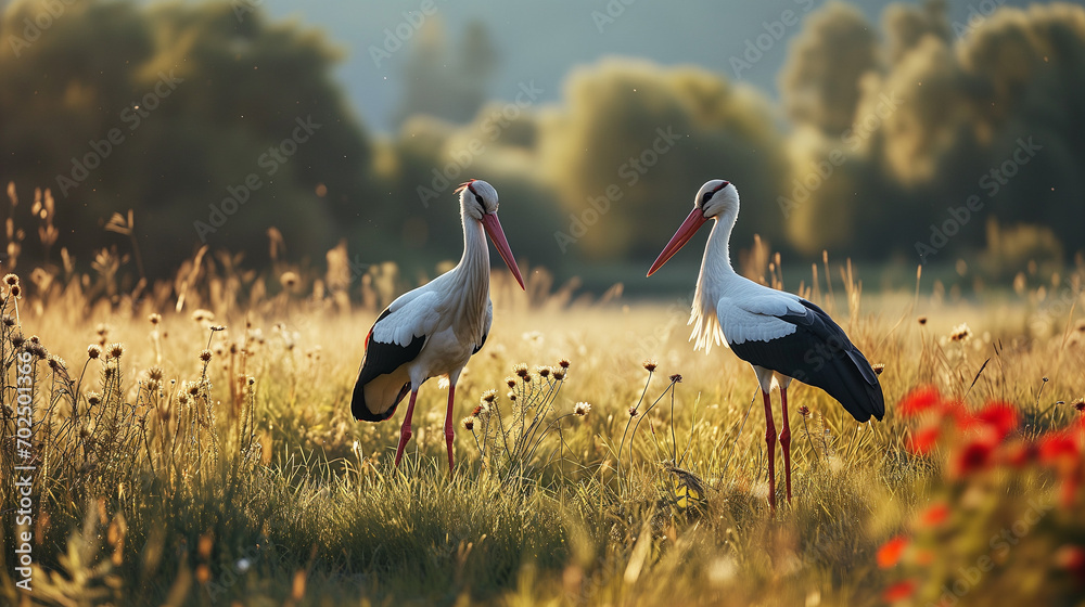 Deux cigognes blanches (ciconia) marchent dans la prairie, animal ...