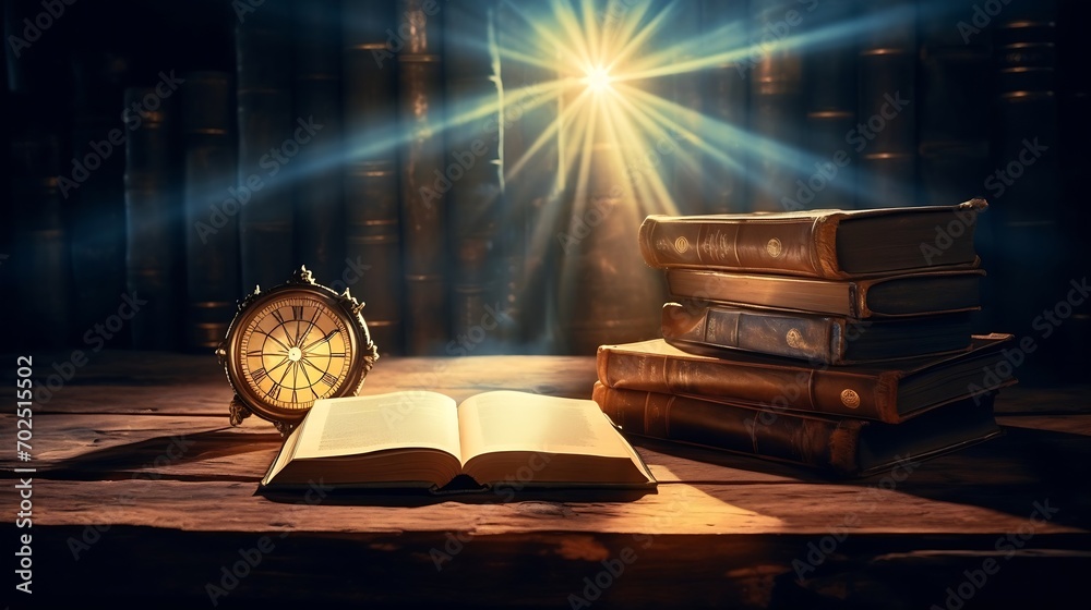 Old books on wooden desk and ray of light. Bookshelf history theme ...