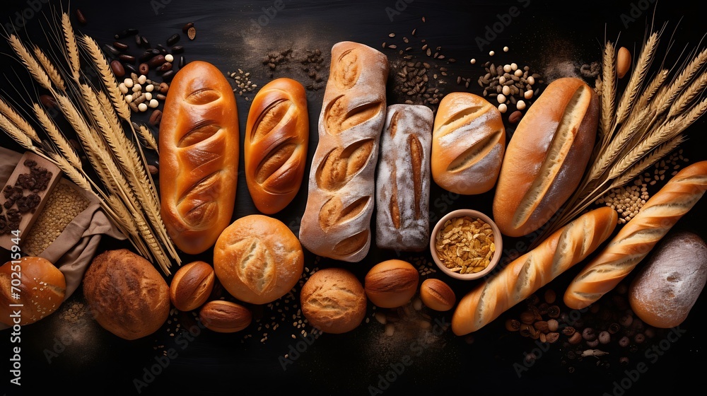 Bakery - various kinds of breadstuff. Bread rolls, baguette, bagel ...