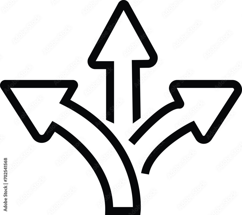 Choice between three roads icon. Three-way directional arrow. Way, road, direction, branching ...
