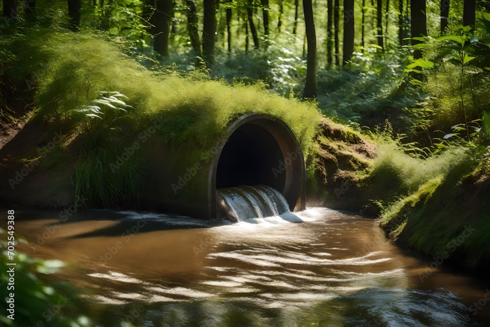 A sunny day in the forest with a concrete drain pipe winding through ...