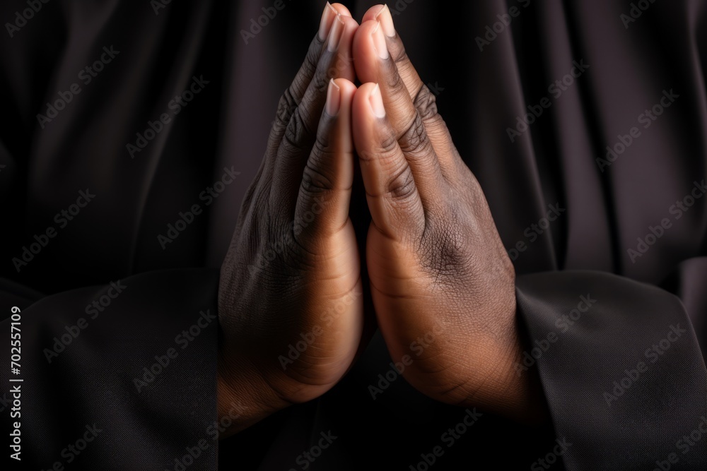 An intimate depiction of a person's hands clasped in prayer, set ...