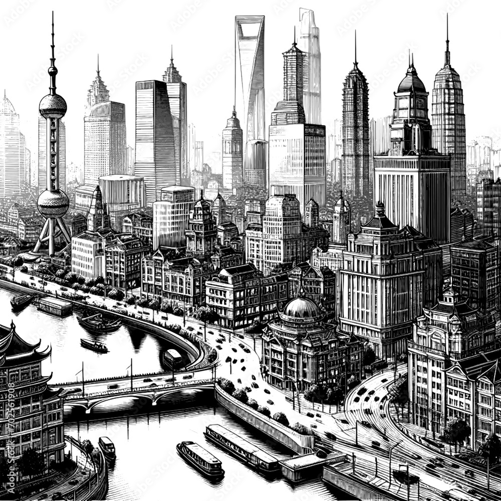 shanghai city view - sketch illustration (black - artwork 1) Stock ...