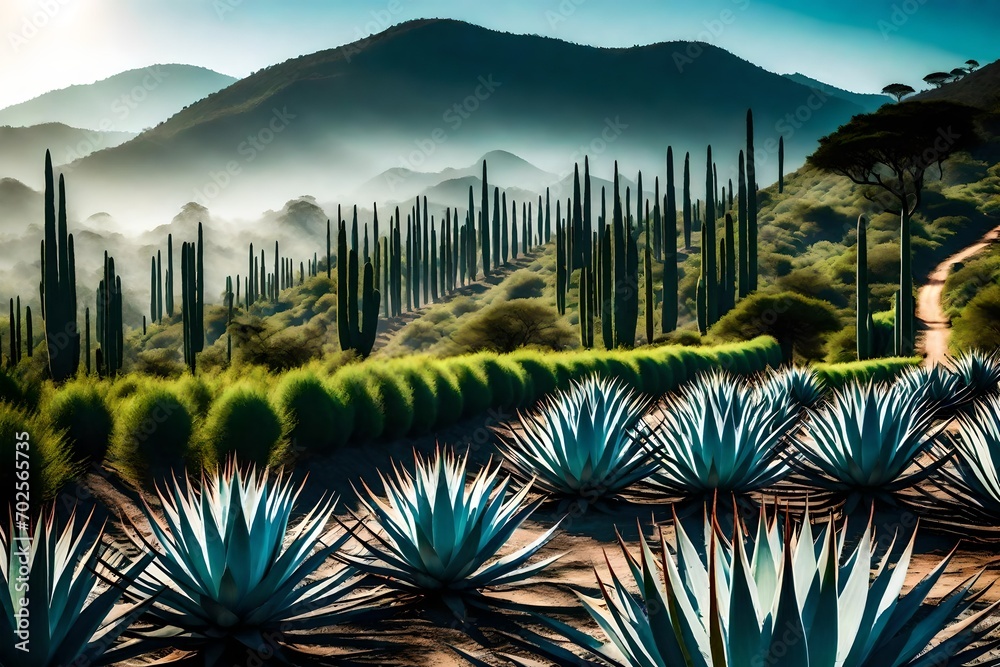 Mexican agave landscape against a mountain and the sky, trail between ...