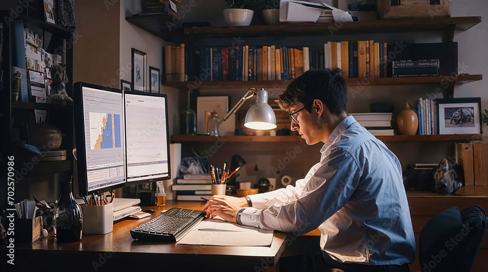 Man sitting in an office desk with a computer monitor displaying charts ...