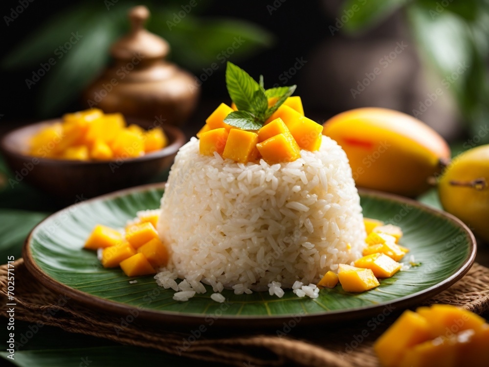 Thai mango sticky rice, vibrant yellow of perfectly ripe mangoes ...