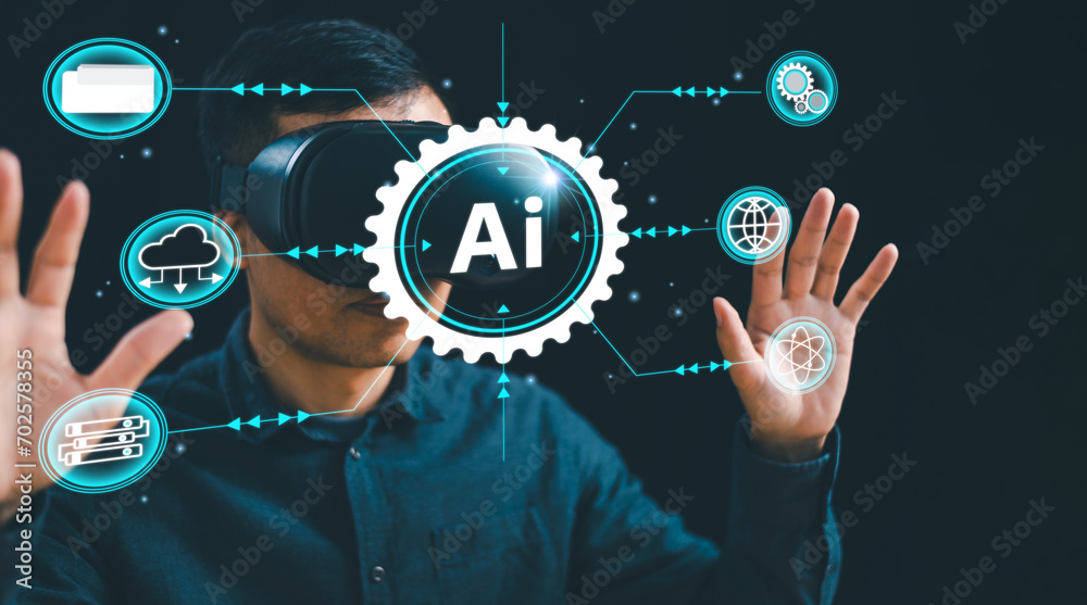 Chatbot man wear digital VR glasses. Chat Ai virtual global Internet ...