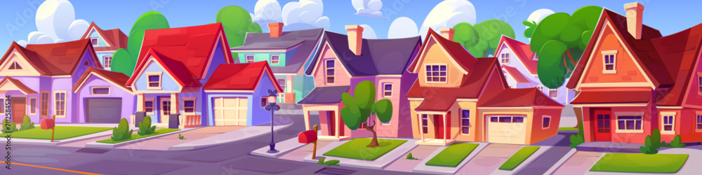 Summer suburban landscape with house in row on street with green grass ...