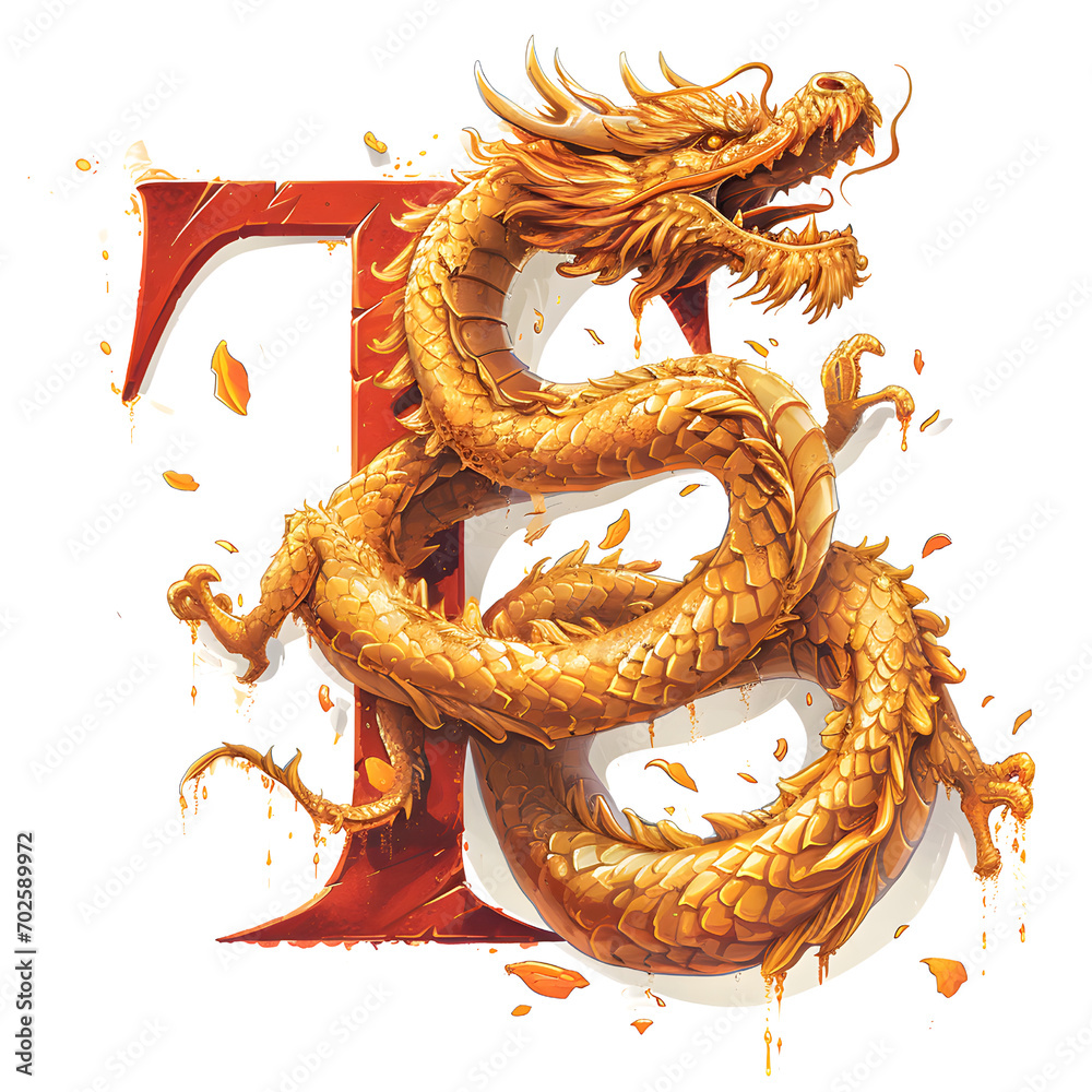 English alphabet red English alphabet "T" with gold dragon Chinese new ...