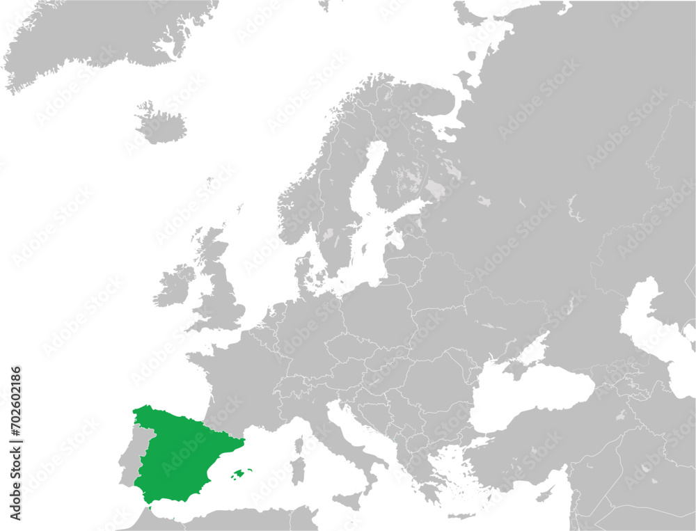Green CMYK national map of SPAIN inside detailed gray blank political ...