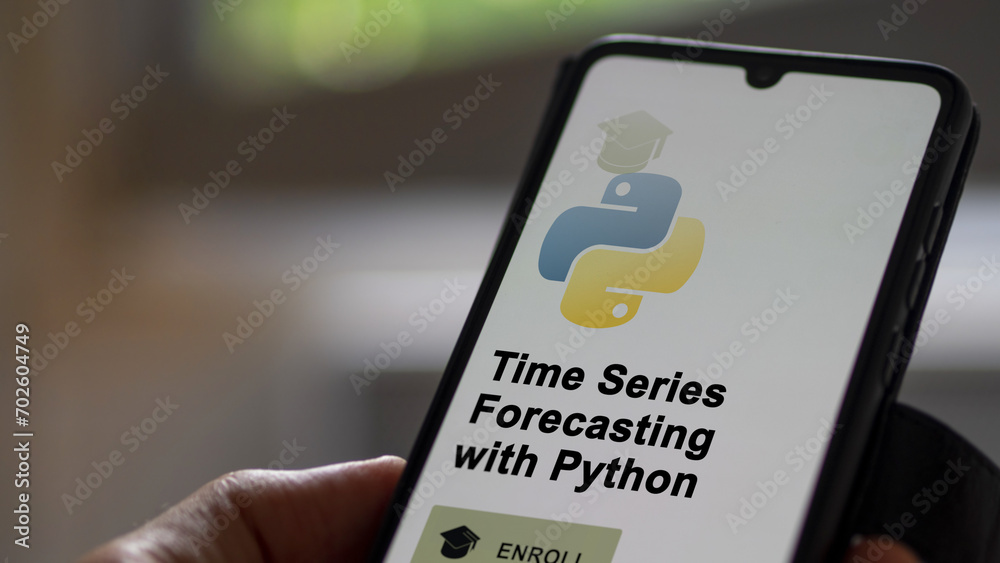 January 03th 2024. Student enrolls to Time Series Forecasting with Python program on a phone ...