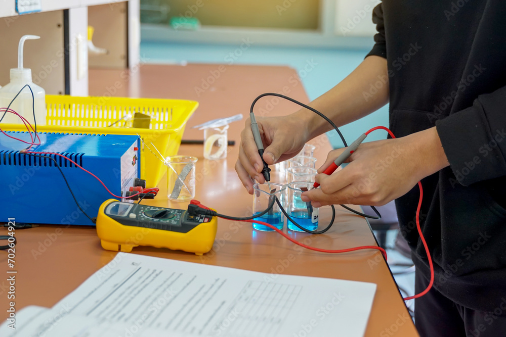 Students use a digital multimeter to measure electrical potential ...