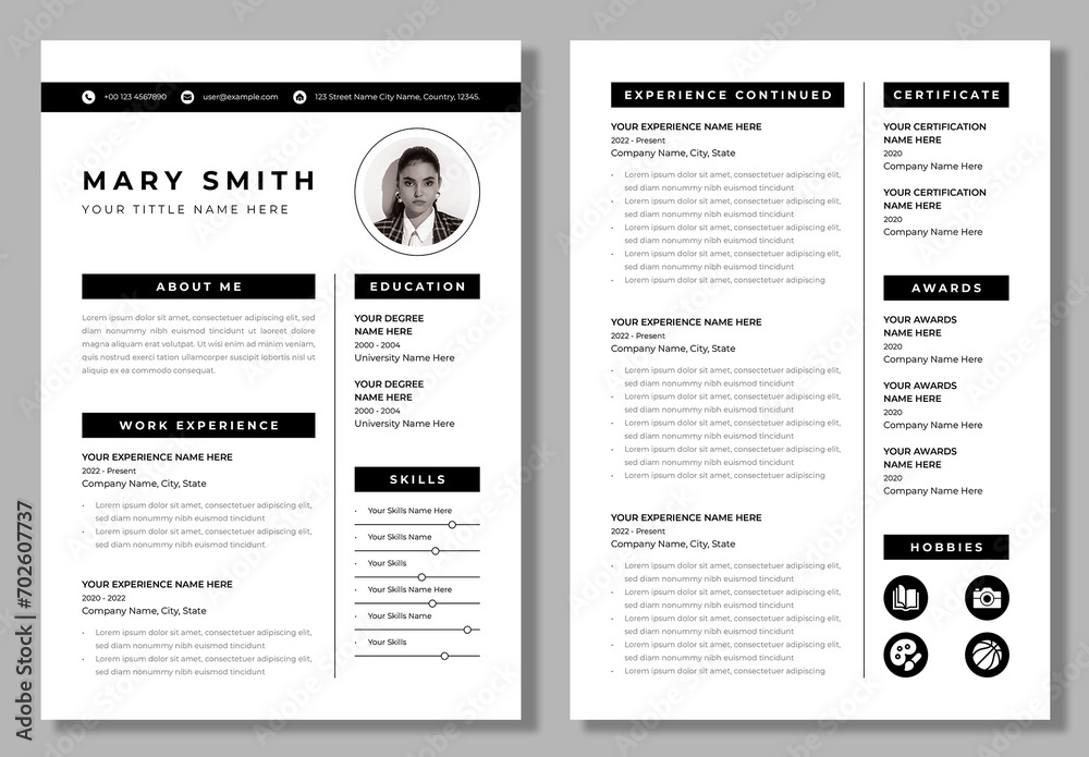 Black and White Cv Design Layout Stock Template | Adobe Stock