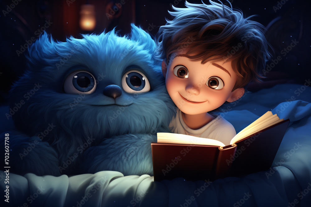 Cute cartoon boy reading a book with his furry companion. Generative AI ...