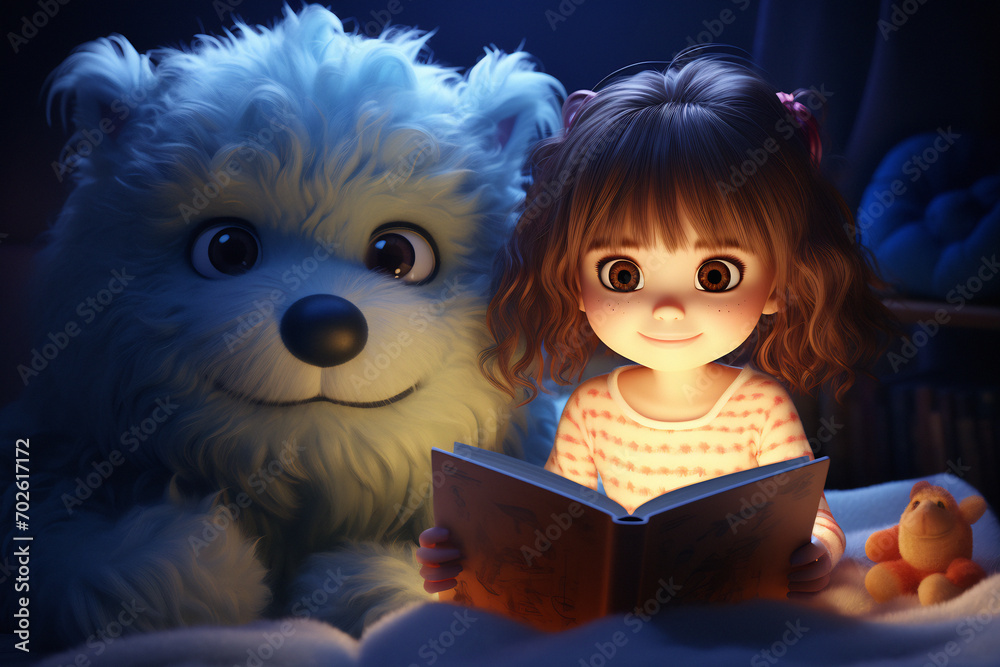 Cute cartoon girl reading a book with his furry companion. Generative ...
