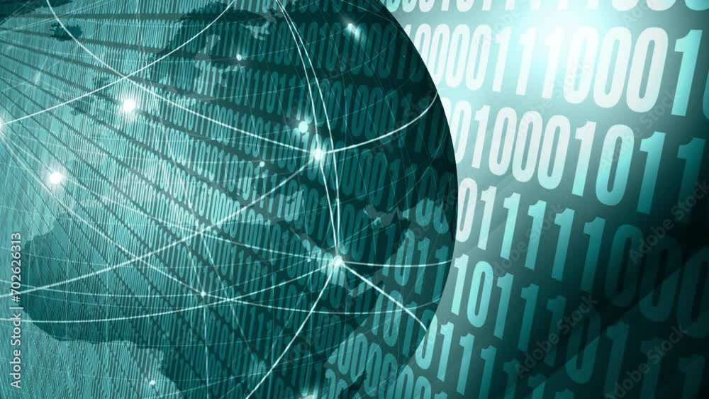 Vidéo Stock Cyber attack rotating world visualizes lines of binary code representing artificial ...