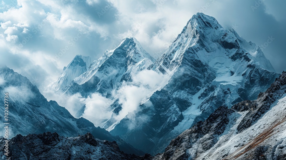 majestic Himalayan peaks shrouded in clouds, panoramic shot, high ...