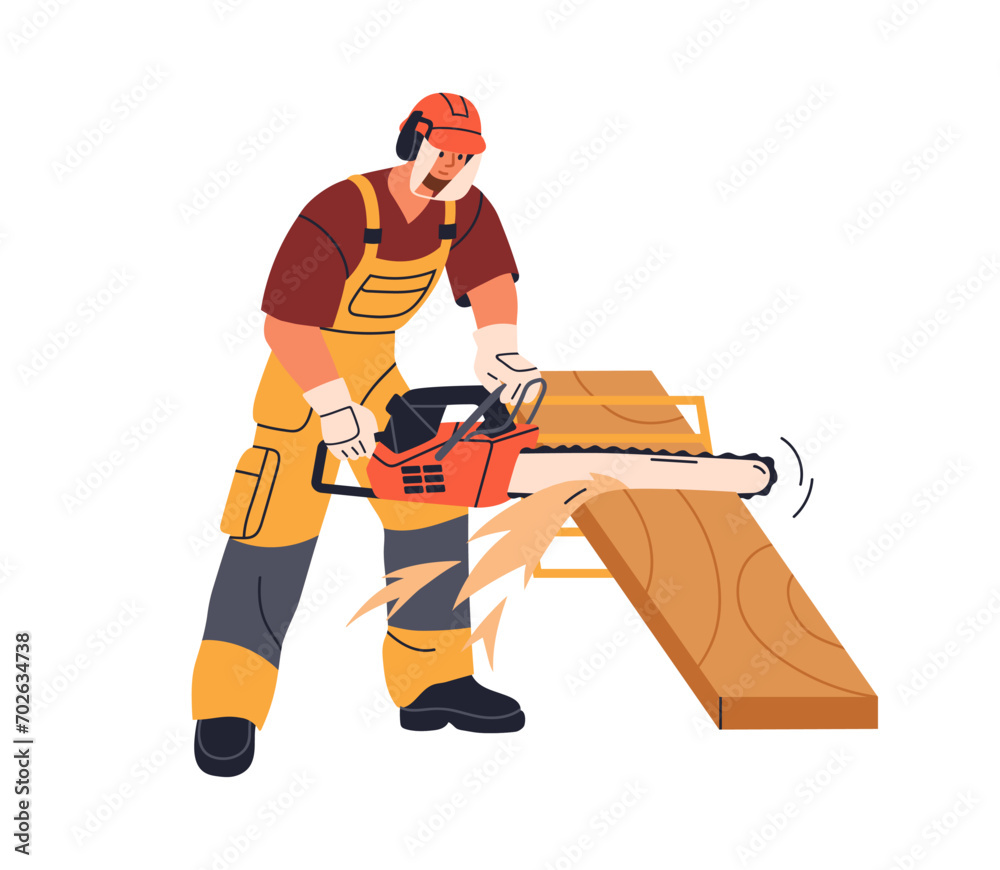 Carpenter with chainsaw sawing wood, cutting wooden plank. Joiner works ...