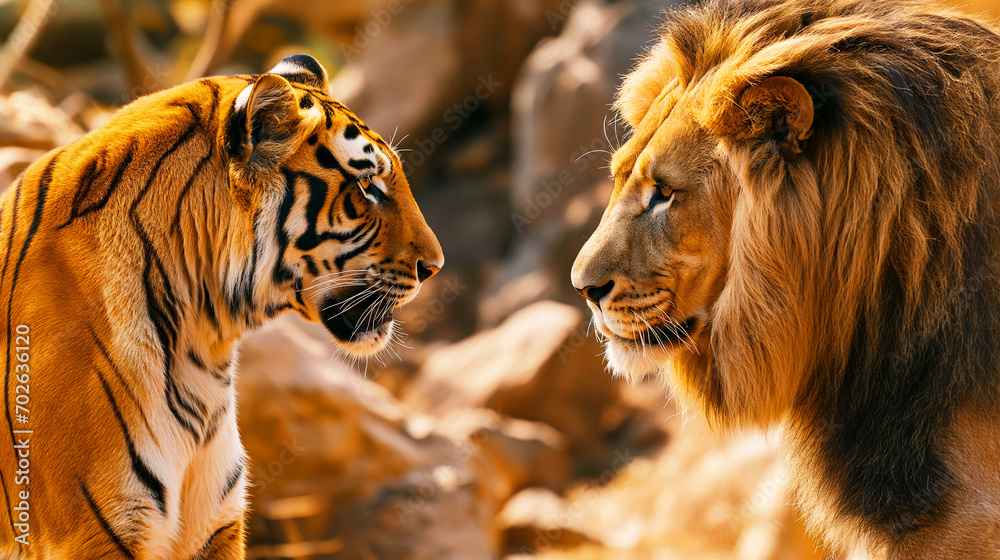 Bengal tiger and a male lion are facing each other, with a focus on ...