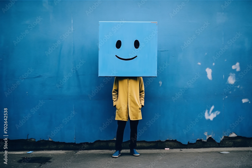 Person with a plus sign standing near the blue wall, in the style of ...