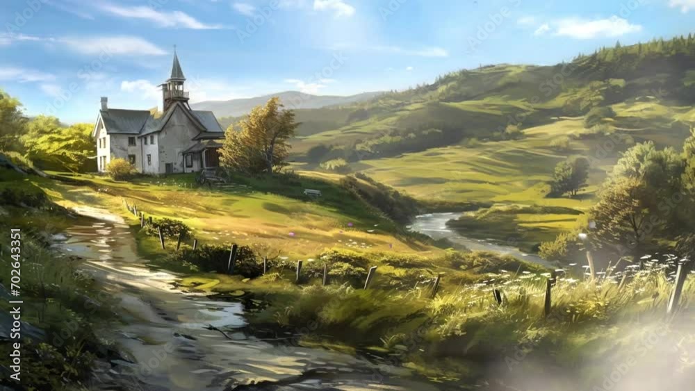 countryside with rolling hills, loop video background animation ...