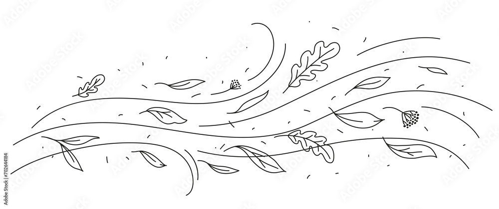 Wind and flying doodle autumn leaves, cartoon vector nature hurricane ...