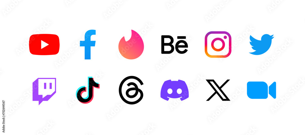 Social media icons set. YouTube, Facebook, Tinder, Behance, Instagram, Twitter X, Twitch, Tik ...