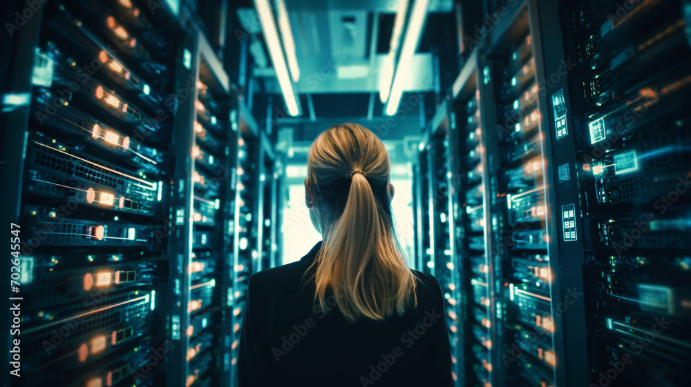 Back view of a woman in a data center aisle between server racks with ...