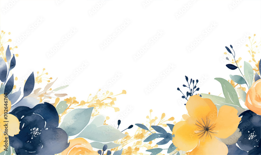 Vector watercolor floral frame background, blue and yellow colors, for ...